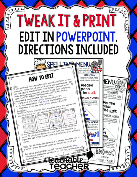 Editable Spelling Menu – A Teachable Teacher