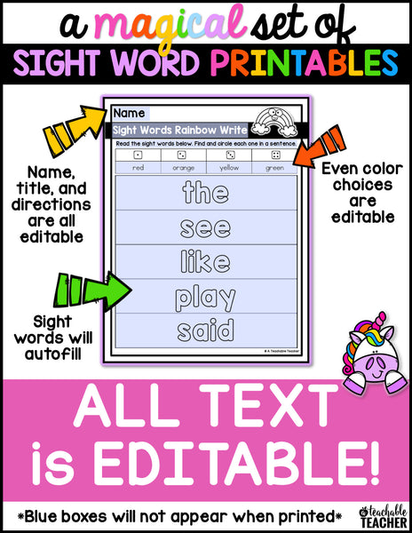 A Magical Set of High Frequency Word Printables- Editable – A Teachable ...